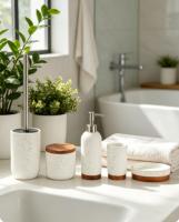 China Sand stone bathroom accessories set round with travertine look and wood accessories resin lotion pump bottle for sale