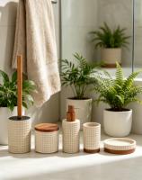 China Sand stone bathroom accrssories set round with wood accessories and checker soap dispenser toilet brush for sale