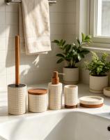 China Sand stone bathroom accrssories set round with wood accessories and checker soap dispenser toilet brush for sale