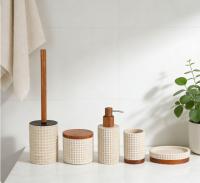 China Sand stone bathroom accrssories set round with wood accessories and checker soap dispenser toilet brush for sale