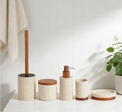 China Sand stone bathroom accrssories set round with wood accessories and checker soap dispenser toilet brush for sale