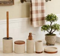 China Sand stone bathroom accrssories set round with wood accessories and checker soap dispenser toilet brush for sale