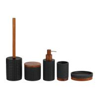 China Polyresin bathroom accessories set round with checker pattern and wood accessoires lotion pump bottle soap dish for sale