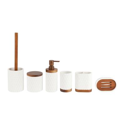 China Sand Stone bathroom accessories soap dispenser round with diamond dot and wood accessories toothbrush cup for sale