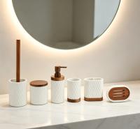 China Sand Stone bathroom accessories soap dispenser round with diamond dot and wood accessories toothbrush cup for sale
