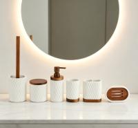 China Sand Stone bathroom accessories soap dispenser round with diamond dot and wood accessories toothbrush cup for sale