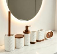 China Sand Stone bathroom accessories soap dispenser round with diamond dot and wood accessories toothbrush cup for sale