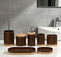 China Polyresin bathroom accessories set round with leather effect and bamboo resin lotion pump bottle bath set for sale