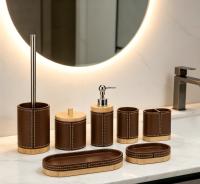 China Polyresin bathroom accessories set round with leather effect and bamboo resin lotion pump bottle bath set for sale