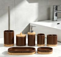China Polyresin bathroom accessories set round with leather effect and bamboo resin lotion pump bottle bath set for sale