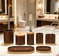China Polyresin bathroom accessories set round with leather effect and bamboo resin lotion pump bottle bath set for sale