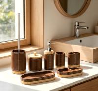 China Polyresin bathroom accessories set round with leather effect and bamboo resin lotion pump bottle bath set for sale
