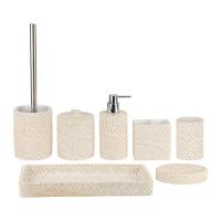 China Polyresin Bathroom Set Rattan Weaving Bathroom Vanity Accessories Soap Dispenser Tumbler Soap Dish for sale