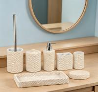 China Polyresin Bathroom Set Rattan Weaving Bathroom Vanity Accessories Soap Dispenser Tumbler Soap Dish for sale
