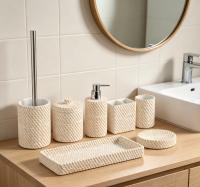 China Polyresin Bathroom Set Rattan Weaving Bathroom Vanity Accessories Soap Dispenser Tumbler Soap Dish for sale