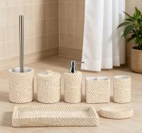 China Polyresin Bathroom Set Rattan Weaving Bathroom Vanity Accessories Soap Dispenser Tumbler Soap Dish for sale