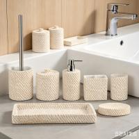 China Polyresin Bathroom Set Rattan Weaving Bathroom Vanity Accessories Soap Dispenser Tumbler Soap Dish for sale