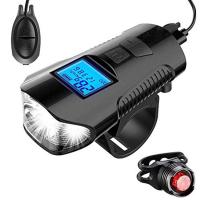 China Black Usb Charging Bike Front Light Flashlight Handlebar Cycling Head Light Speed Meter Lcd Screen for sale