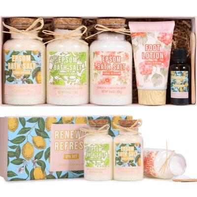 China 8pcs Bath Salts Gift Set With Argan Oil Bath Bombs Wooden Scoop Epsom Salt for sale