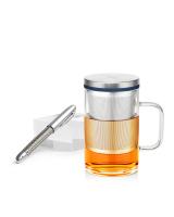 China Stainless Steel Infuser Lid Borosilicate Glass Tea Cups 450ml Dishwasher Safe for sale