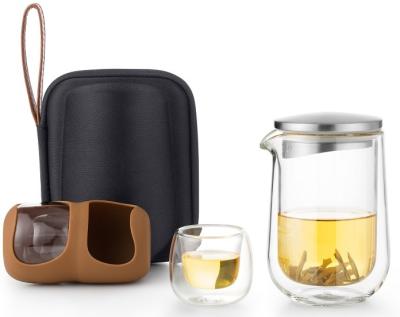 China Creative Portable Double-Wall Borosilicate Glass Teapot Set 260ml Stainless Steel Lid Eco-Friendly Modern Transparent Travel for sale
