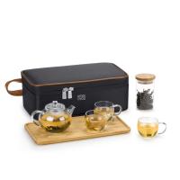 China 180ml Travel Tea Set Glass Three Tea Cups One Tea Jar Glass Teapot Set with Travel Bag with Tray for sale