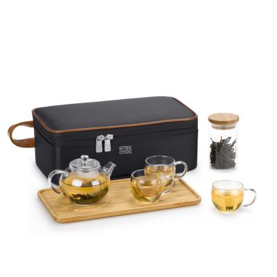 China 180ml Travel Tea Set Glass Three Tea Cups One Tea Jar Glass Teapot Set with Travel Bag with Tray for sale