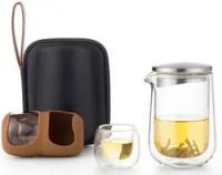 China Wholesale Borosilicate Tea Sets With Travel Mug Double Glass Gift Box Outdoor Coffee Stainless Steel Drip Tea and Coffee Set for sale