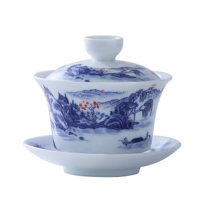 China Jingdezhen Handmade Blue and White Porcelain Gaiwan Teacup 180ml Tea Bowl Chinese Teaware for sale