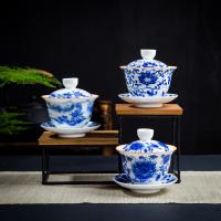 China Jingdezhen Handmade Blue and White Porcelain Gaiwan Teacup 180ml Tea Bowl Chinese Teaware for sale