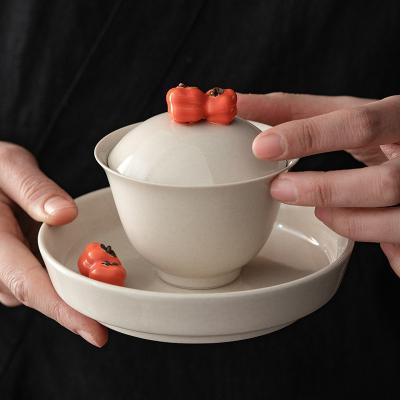 China Handmade Ceramic Persimmon Tea Tureen Gaiwan Set 150ml Kung Fu Tea Bowl Chrysanthemum Gift for sale