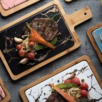 China Marble Ceramic Charger Plate Set 28x17 cm with Bamboo Heat Pad Handle Dinner Platter for sale