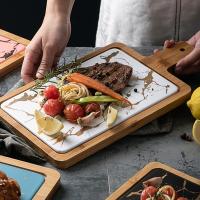 China Marble Ceramic Charger Plate Set 28x17 cm with Bamboo Heat Pad Handle Dinner Platter for sale