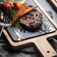 China Marble Ceramic Charger Plate Set 28x17 cm with Bamboo Heat Pad Handle Dinner Platter for sale