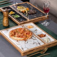 China Marble Ceramic Steak Plate with Bamboo Tray 33.7x30x31cm Divided Serving Plate for Restaurant Kitchen for sale