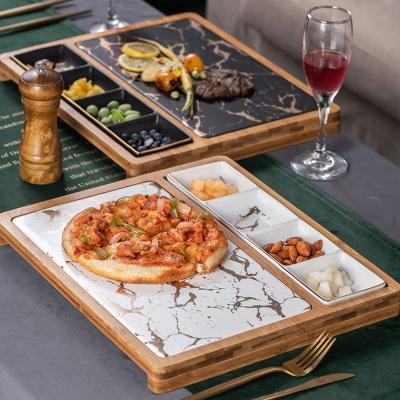 China Marble Ceramic Steak Plate with Bamboo Tray 33.7x30x31cm Divided Serving Plate for Restaurant Kitchen for sale