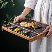 China Marble Ceramic Steak Plate with Bamboo Tray 33.7x30x31cm Divided Serving Plate for Restaurant Kitchen for sale
