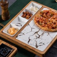 China Marble Ceramic Steak Plate with Bamboo Tray 33.7x30x31cm Divided Serving Plate for Restaurant Kitchen for sale