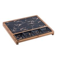 China Marble Ceramic Steak Plate with Bamboo Tray 33.7x30x31cm Divided Serving Plate for Restaurant Kitchen for sale