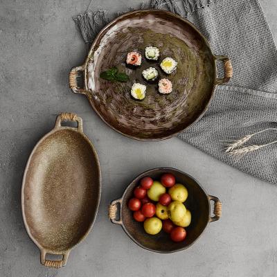 China Japanese Handmade Coarse Ceramic Steak Plate 19.5x15.5x5.3cm Durable Western Dinnerware for Pasta for sale