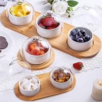 China Large Ceramic Salad Dessert Bowl Set with Bamboo Tray and Glass Lid 39.9cm for sale