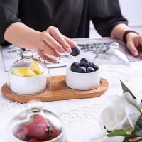 China Large Ceramic Salad Dessert Bowl Set with Bamboo Tray and Glass Lid 39.9cm for sale