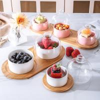 China Large Ceramic Salad Dessert Bowl Set with Bamboo Tray and Glass Lid 39.9cm for sale