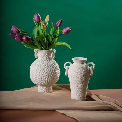 China Modern Ceramic Vase with Ring Ear Handmade Rustic Home Decoration 22cm Height Beige for sale