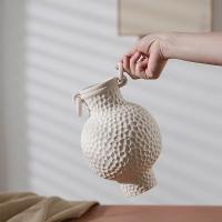 China Modern Ceramic Vase with Ring Ear Handmade Rustic Home Decoration 22cm Height Beige for sale