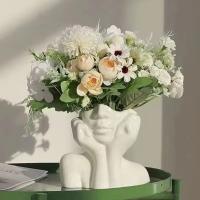 China Modern White Ceramic Flower Vase Human Face Sculpture Home Decor 18x9x15cm for sale