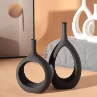 China Nordic Modern White Black Ceramic Vase 16x31cm Hollow Out Home Decor Desktop Flower Vase for sale