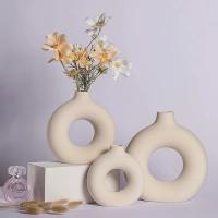 China Modern Ceramic Donut Vase Set S M L Beige Black Matt Glaze Dry Flower Hydroponic Home Decor for sale