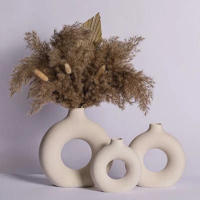 China Modern Ceramic Donut Vase Set S M L Beige Black Matt Glaze Dry Flower Hydroponic Home Decor for sale