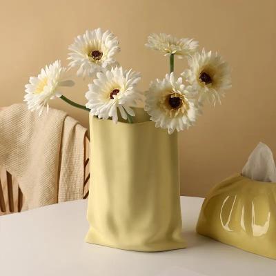China Modern Kraft Paper Bag Shape Ceramic Vase 20x23.5cm Cream White Green Nordic Home Decor Tabletop for sale
